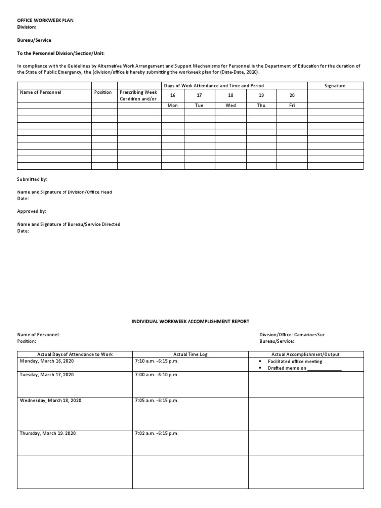 Individual Workweek Accomplishment Report Template 1 | PDF