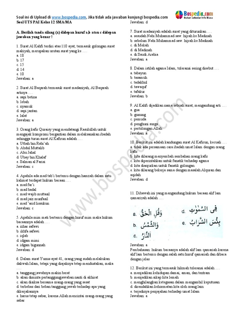 50+ Contoh Soal UTS PAI Kelas 12 SMA MA Dan Kunci Jawabnya | PDF
