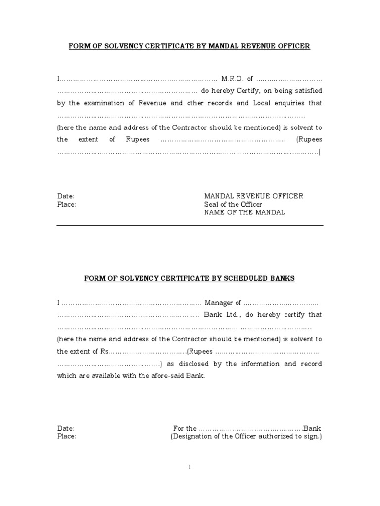 Form of Solvency Certificate by Mro & Bank PDF | PDF