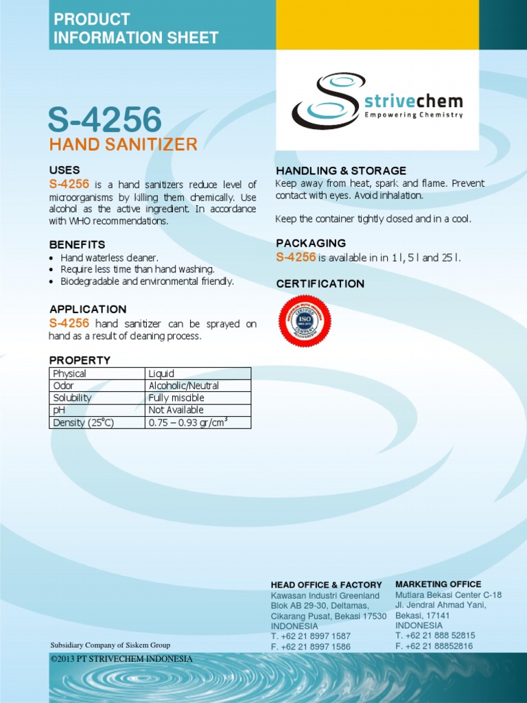 Product Information Sheet S-4256 Hand Sanitizer | PDF