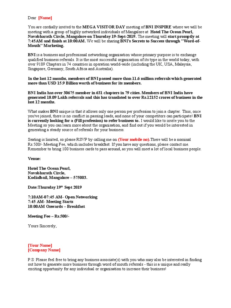 BNI Visitor Day Invitation | PDF