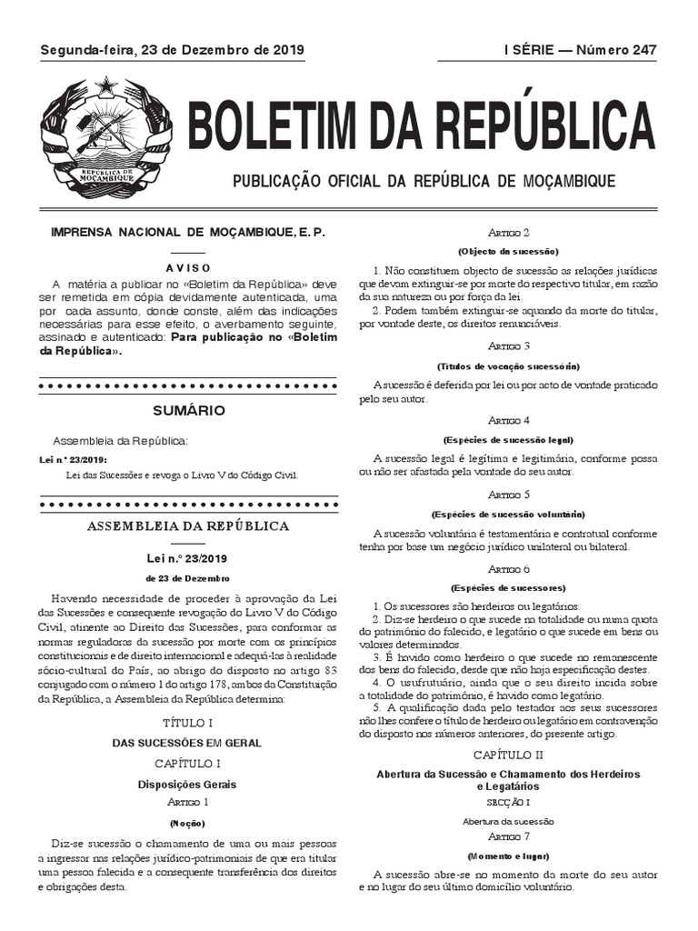 Lei 23-2019 - Lei Das Sucessoes | PDF | Testamento | Pensão alimentícia