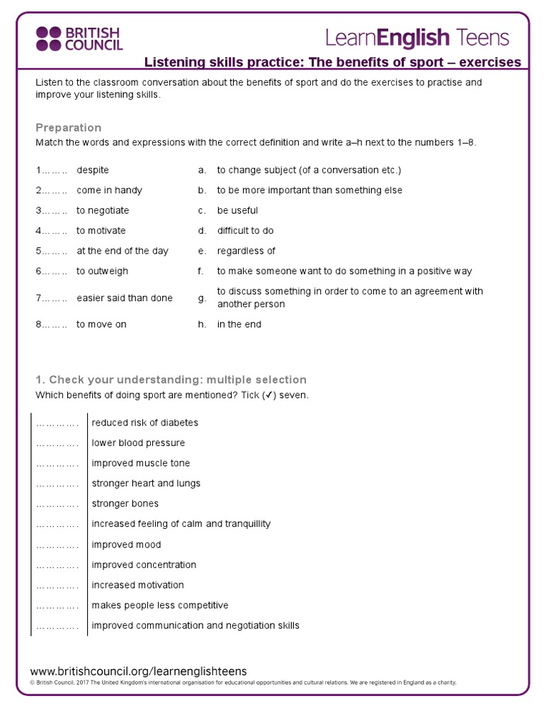 The Benefits of Sport - Exercises PDF | PDF | Sports | Conversation