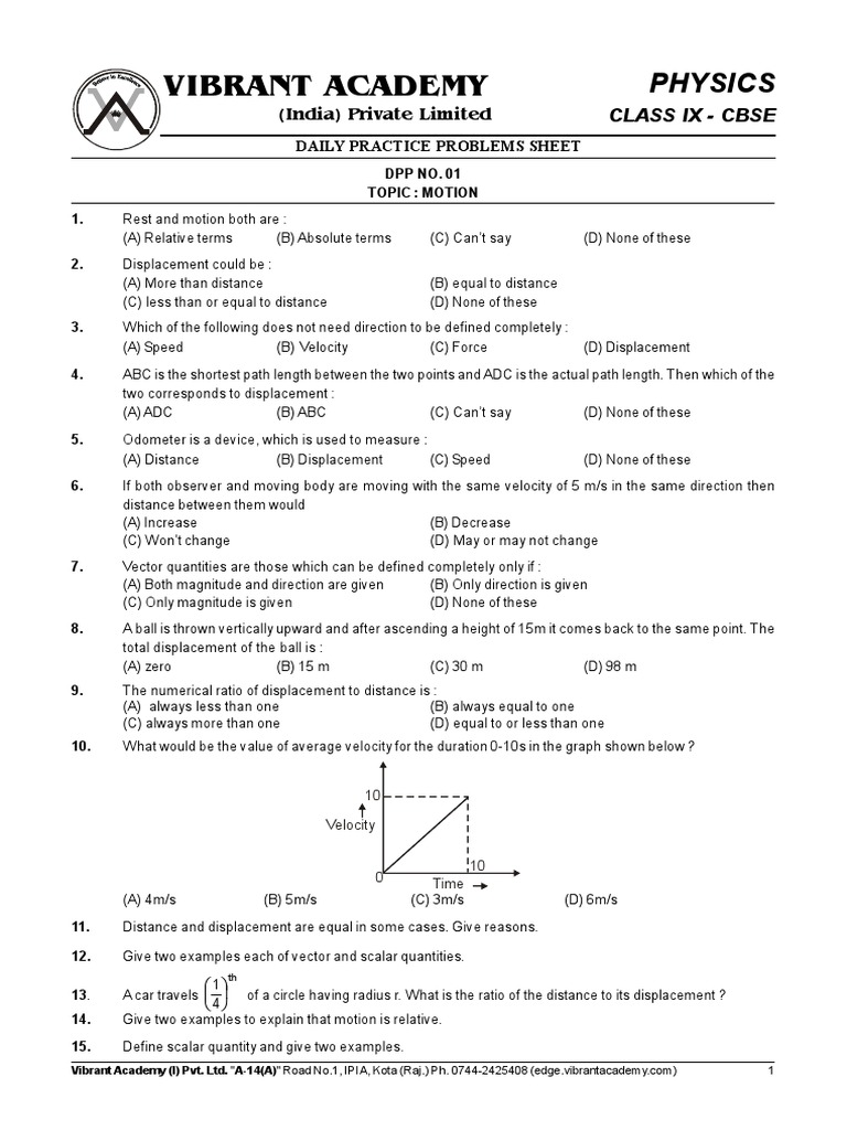 Class 9 Physics Motion DPP | PDF | Velocity | Acceleration