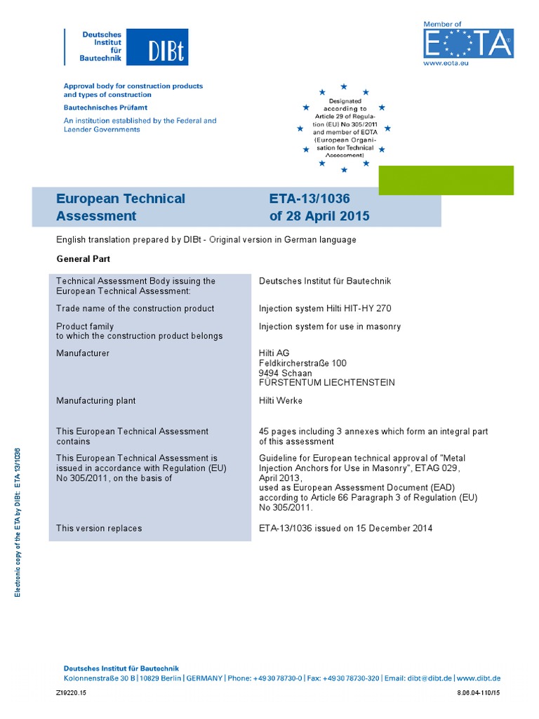 ETA 13 1036 For HIT-HY 270 Injection Mortar For For Anchoring ...