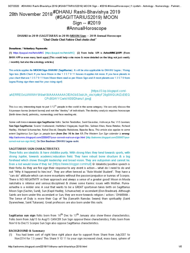 2019 Annual Horoscope for Dhanu Rashi | PDF | Planets In Astrology | Hindu Astrology