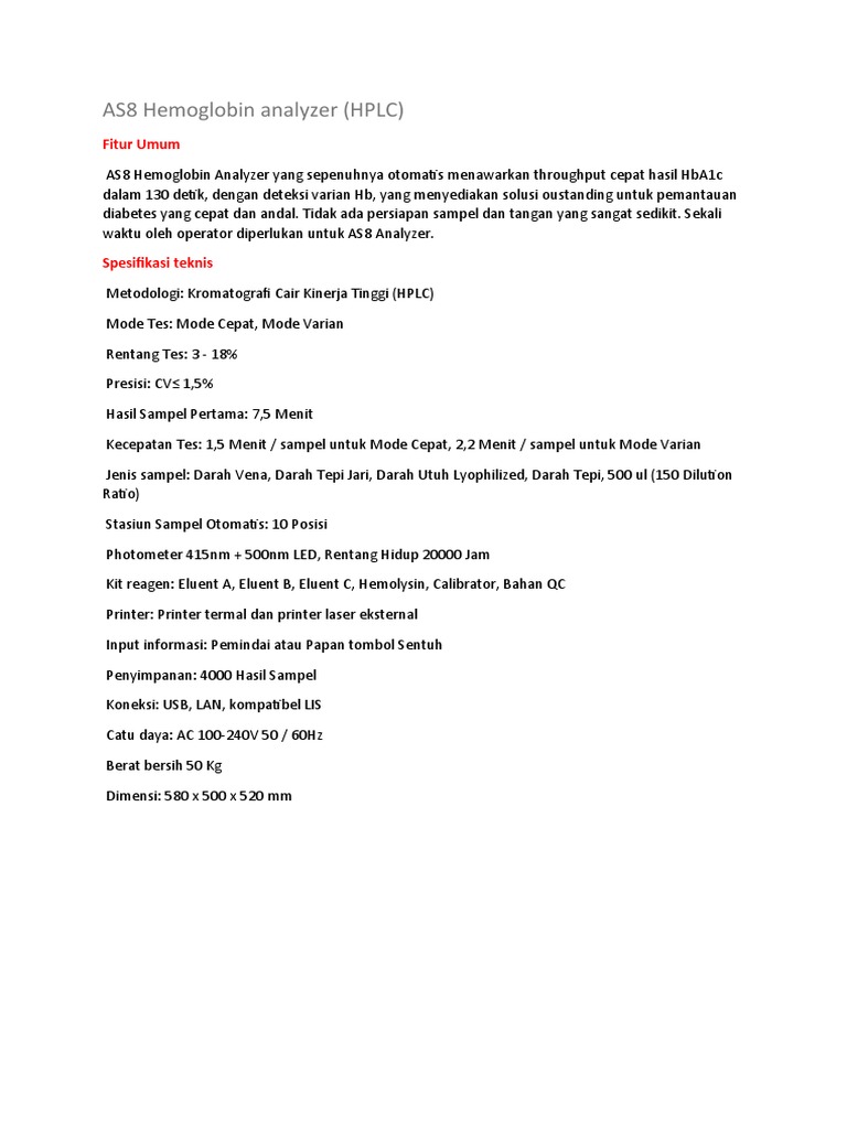 AS8 Hemoglobin Analyzer | PDF