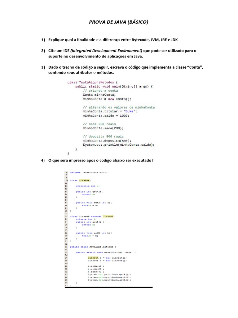 PROVA DE JAVA - Basico | PDF