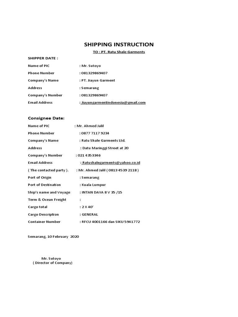 SHIPPING INSTRUCTION Sample | PDF