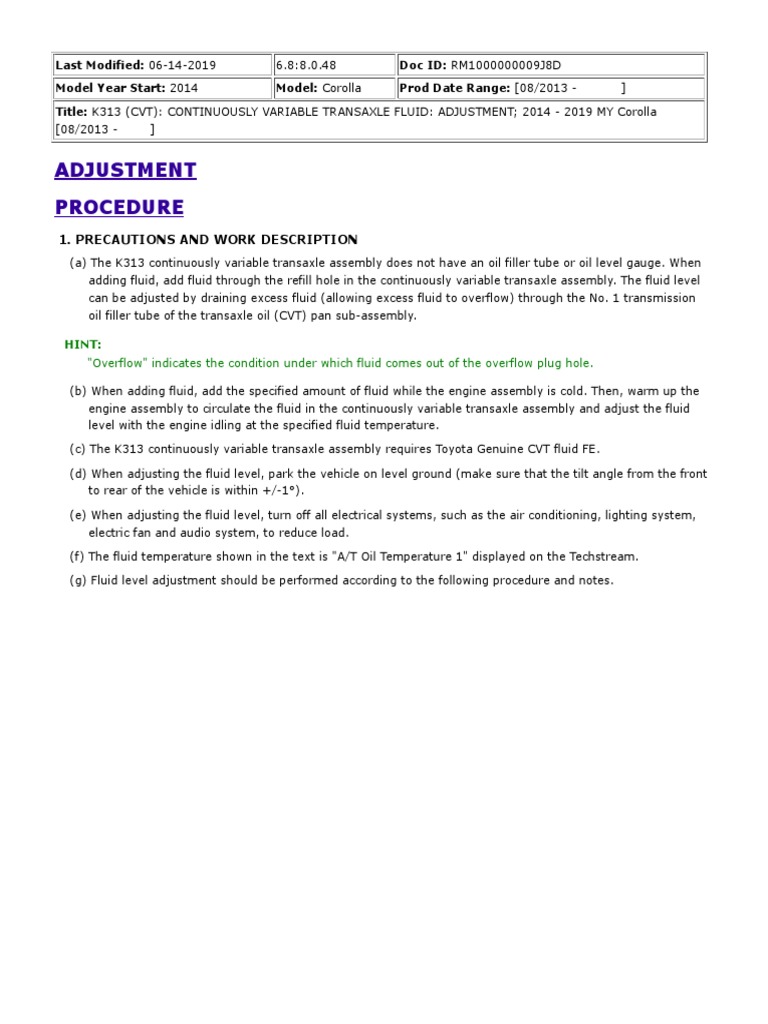 K313 CVT Fluid Change Procedure | PDF | Transmission (Mechanics ...