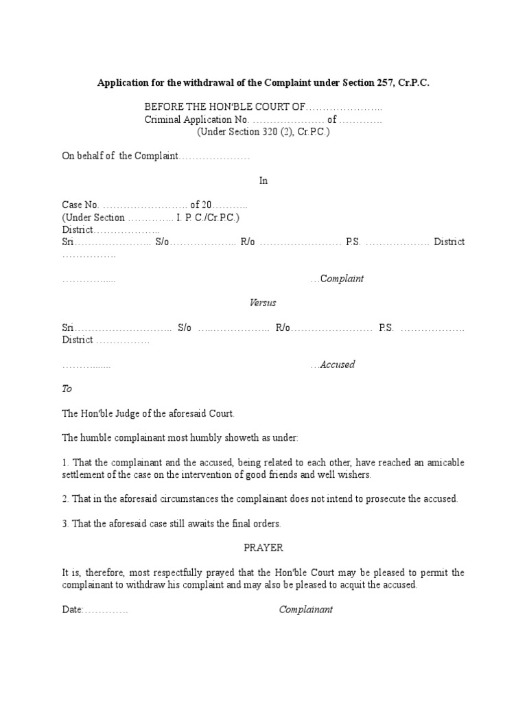 Application For The Withdrawal of The Complaint Under Section 257, Cr.P.C.-Drafting ...