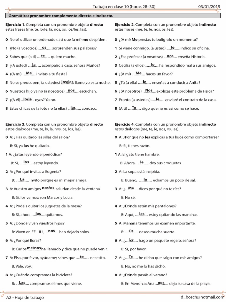 A2 Español - Pronombres Complemento Directo e Indirecto | PDF