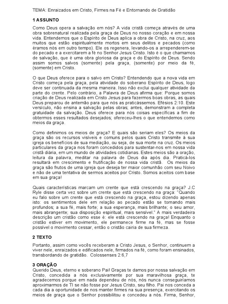 Tema Enraizados em Cristo, Firmes Na Fé e Entornando de Gratidão | PDF ...