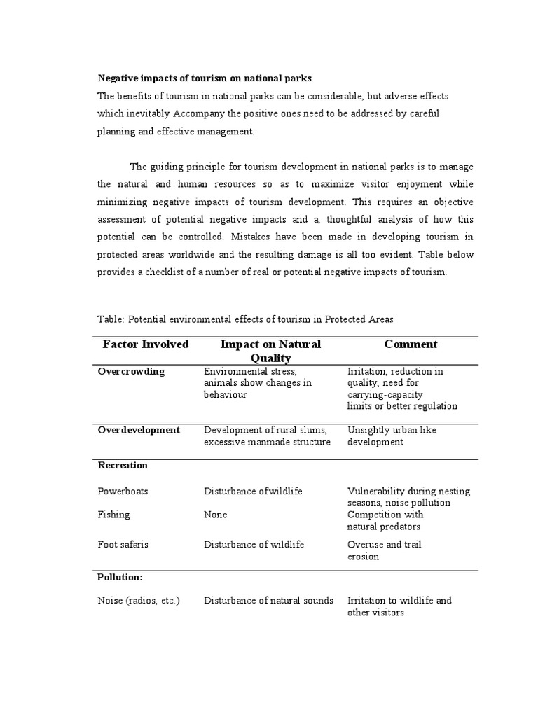 Negative Impacts of Tourism On National Parks. | PDF | Wildlife | Pollution