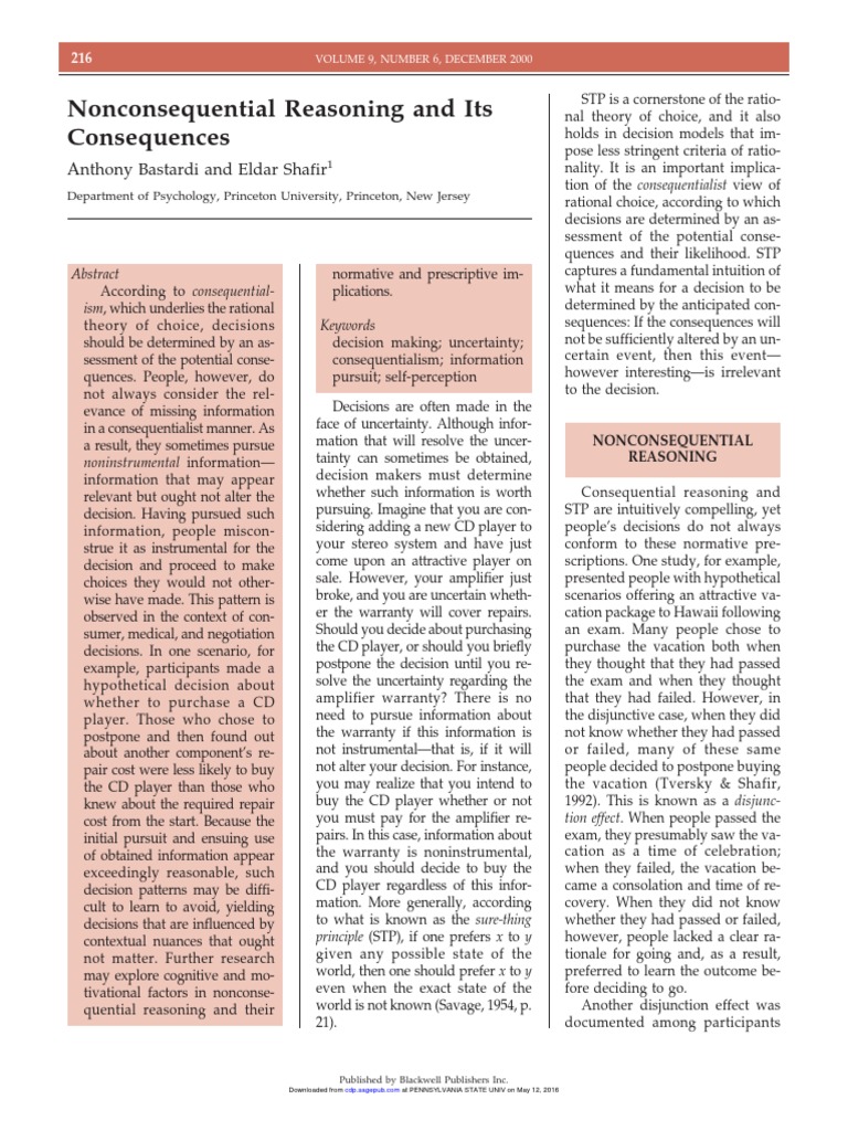 Nonconsequential Reasoning and Its Consequences - Anthony Bastardi and ...