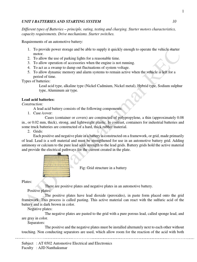 Automobile Electrical and Electronics Notes | PDF | Rechargeable ...