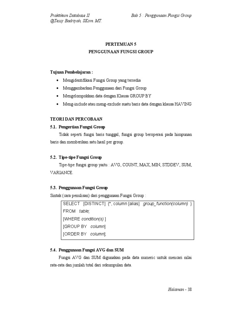 PRAKDB-SQL BAB3 - Penggunaan Fungsi Group PDF | PDF | Komputer