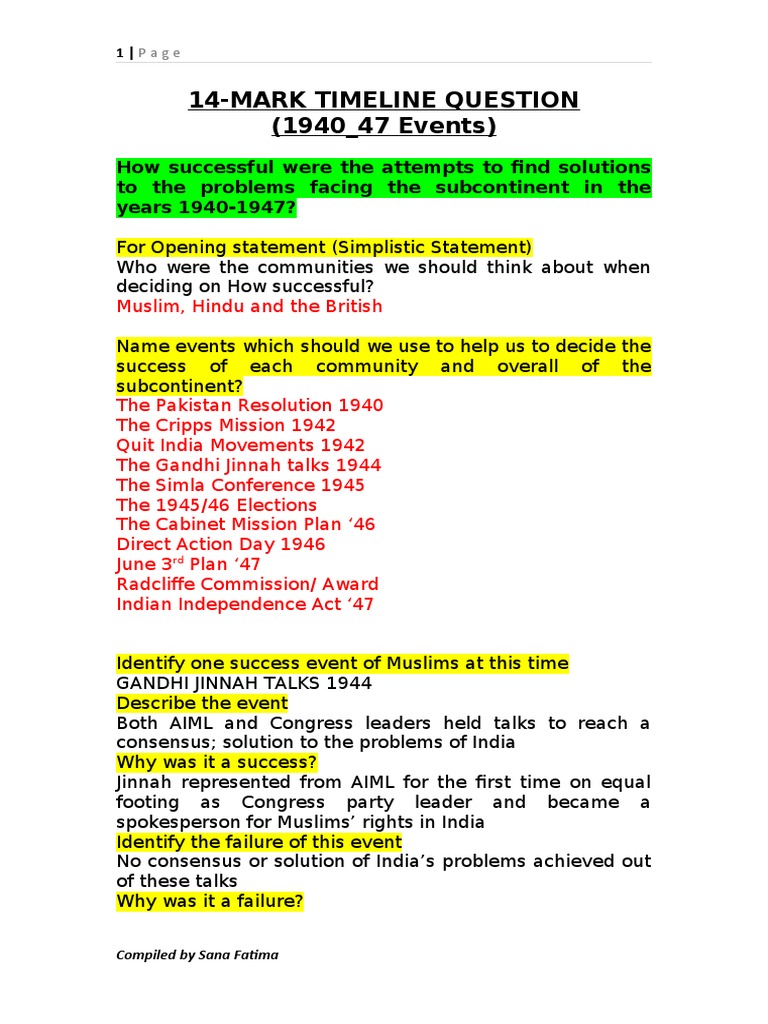 1940 To 47 Timeline Question | PDF | Muhammad Ali Jinnah | All India ...
