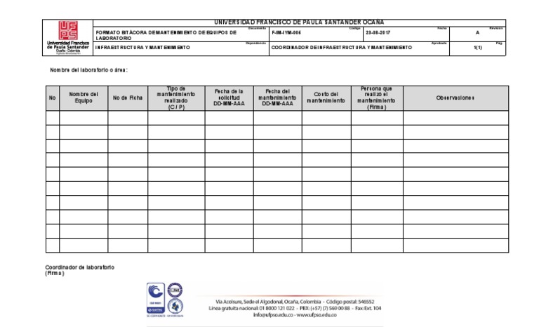 F-IM-IYM-005 - FORMATO BITÁCORA DE MANTENIMIENTO DE EQUIPOS DE LABORATORIO - Rev A | PDF