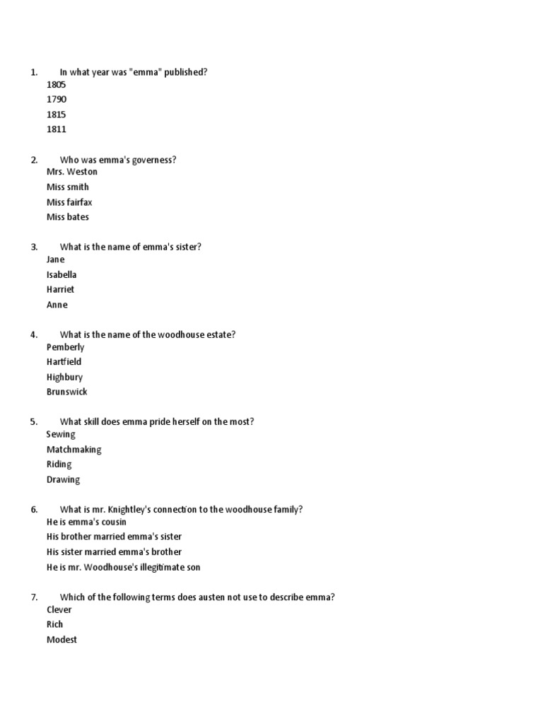 Emma Questions | PDF | Emma (Novel) | British Novels