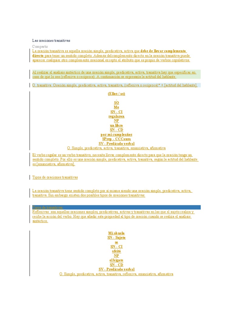Las Oraciones Transitivas | PDF | Oración (Lingüística) | Predicado ...