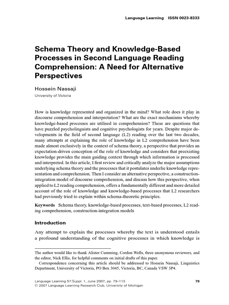 Schema Theory and Knowledge-Based Processes in Second Language Reading Comprehension - A Need ...