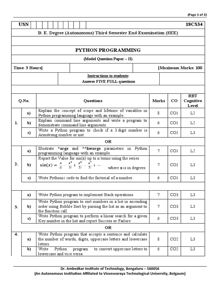 Python Model Question Paper 2 | PDF | Parameter (Computer Programming ...
