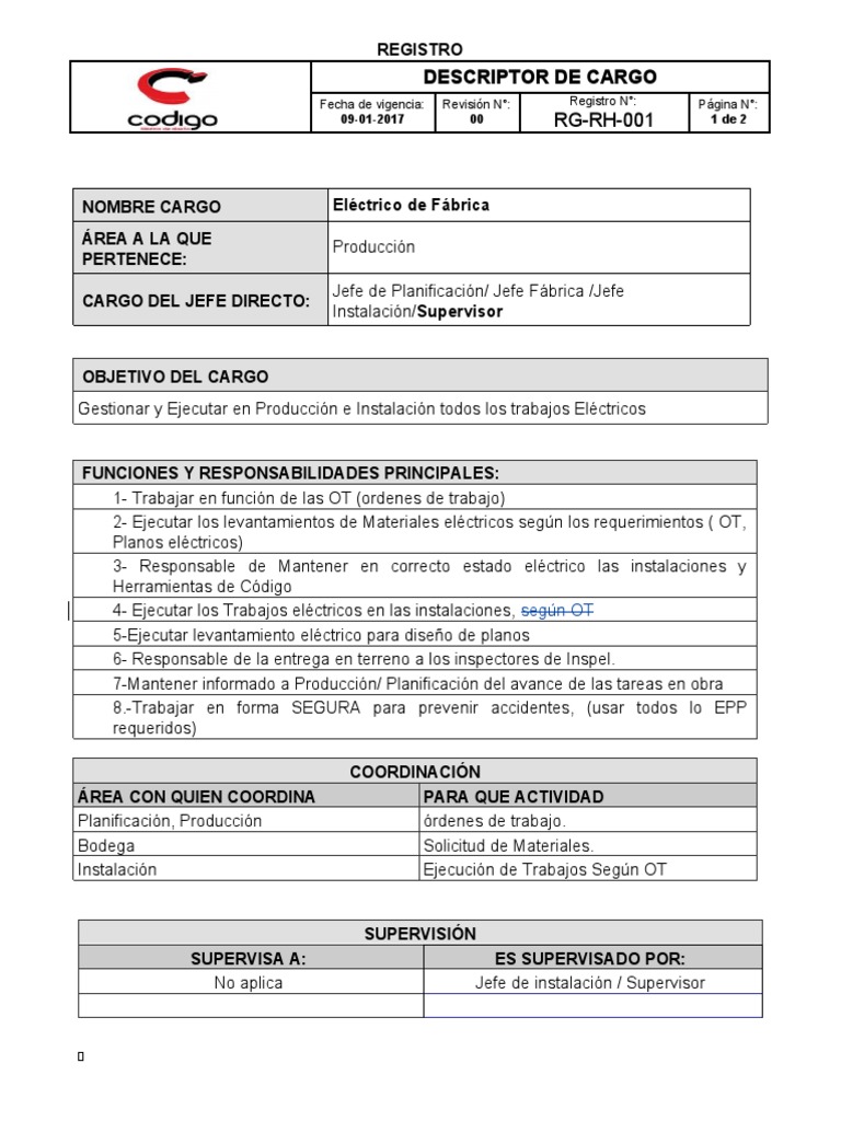 1 Descriptor de Cargo Electrico de Fabrica | PDF | Planificación | Informática