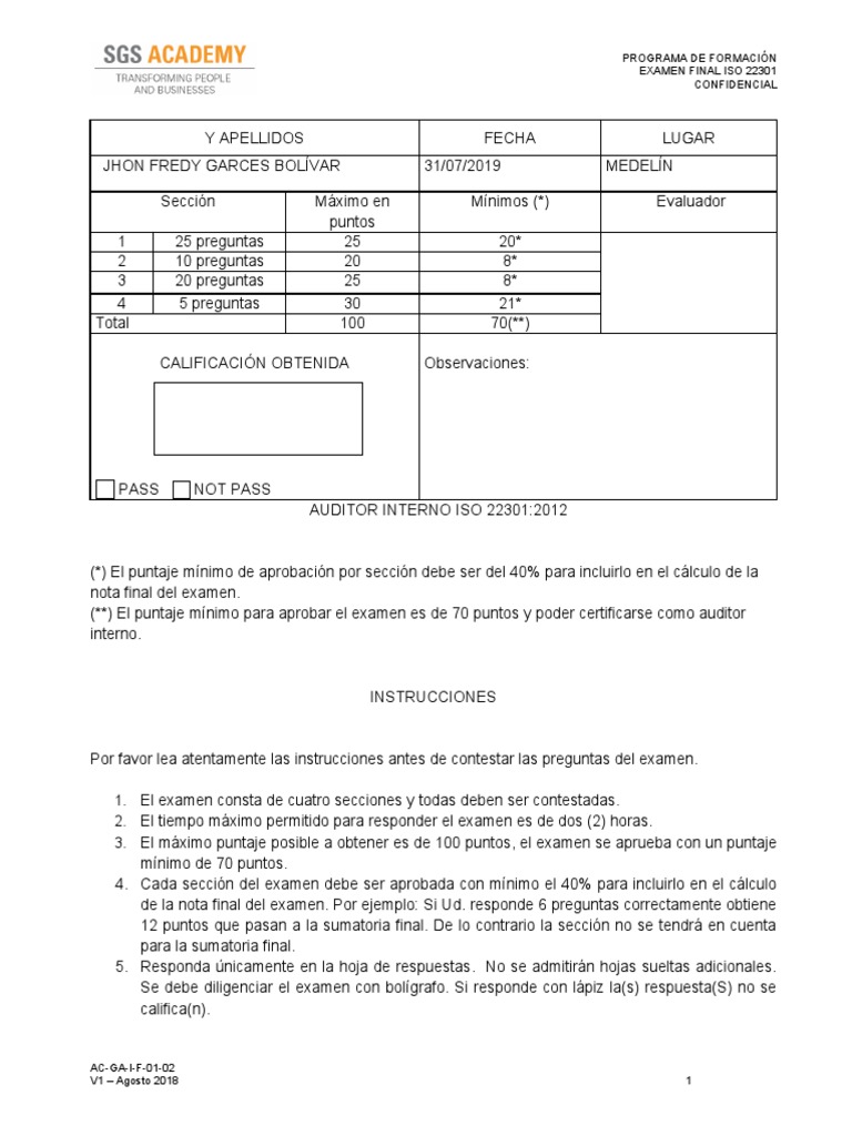 Examen AI ISO 22301 - 2012 | PDF | Prueba (evaluación) | Auditoría