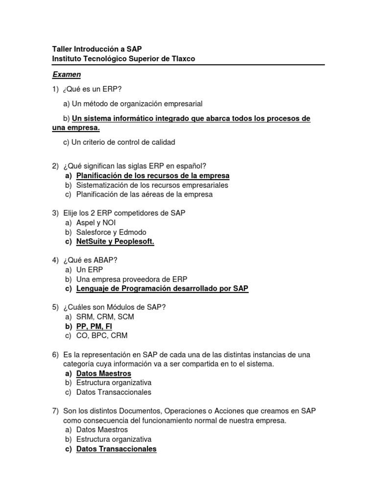 Examen Taller Introduccion SAP PDF | PDF | Sap Se | Planificación de ...