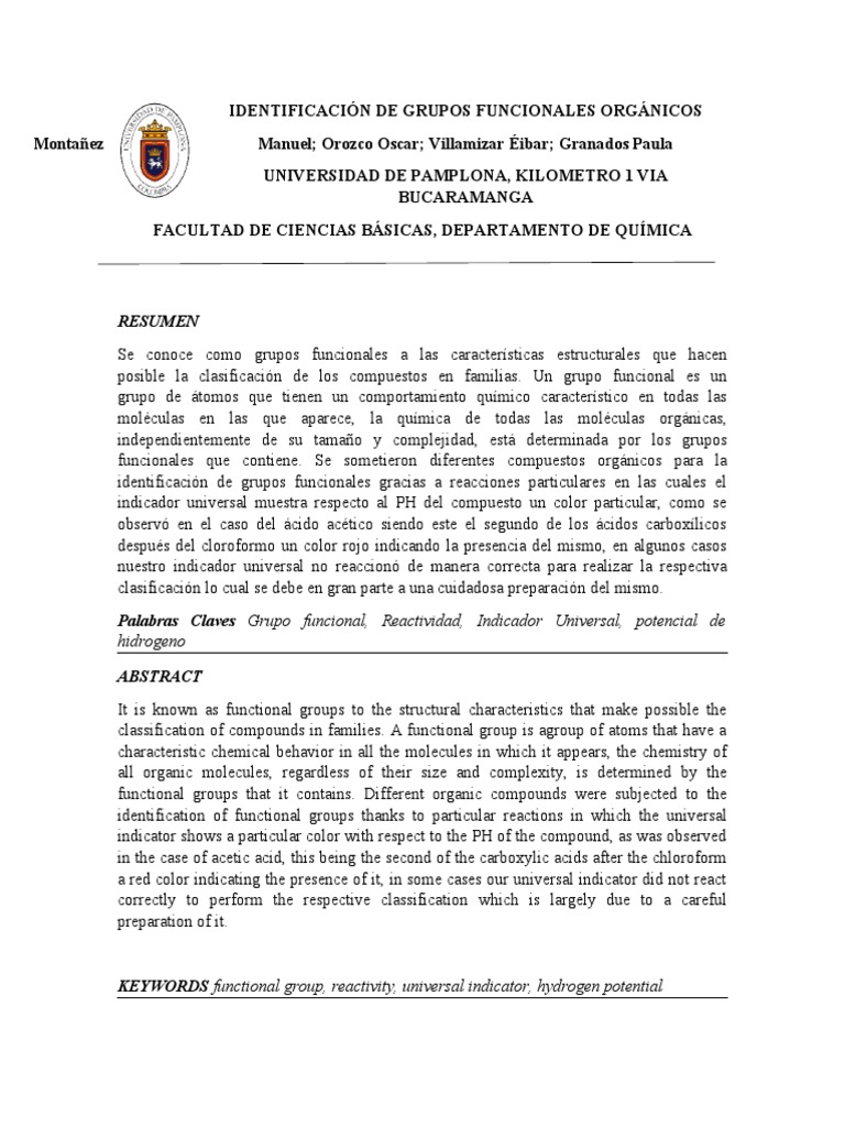 Identificación De Grupos Funcionales Orgánicos Pdf Enlace Químico 1254