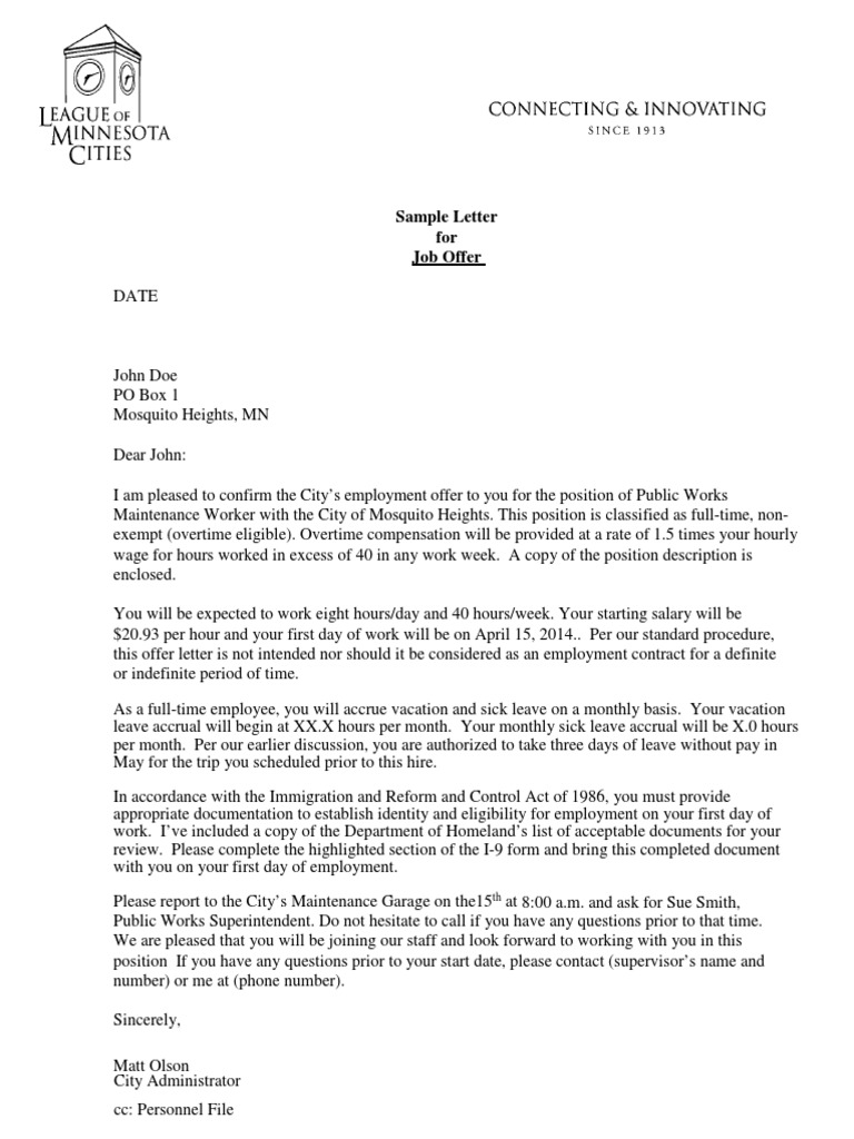Job Offer Letter for Public Works Maintenance Worker | PDF | Overtime ...