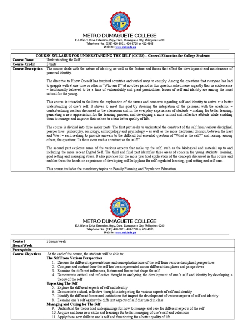 Course Syllabus For Understanding The Self | PDF | Self | Identity ...