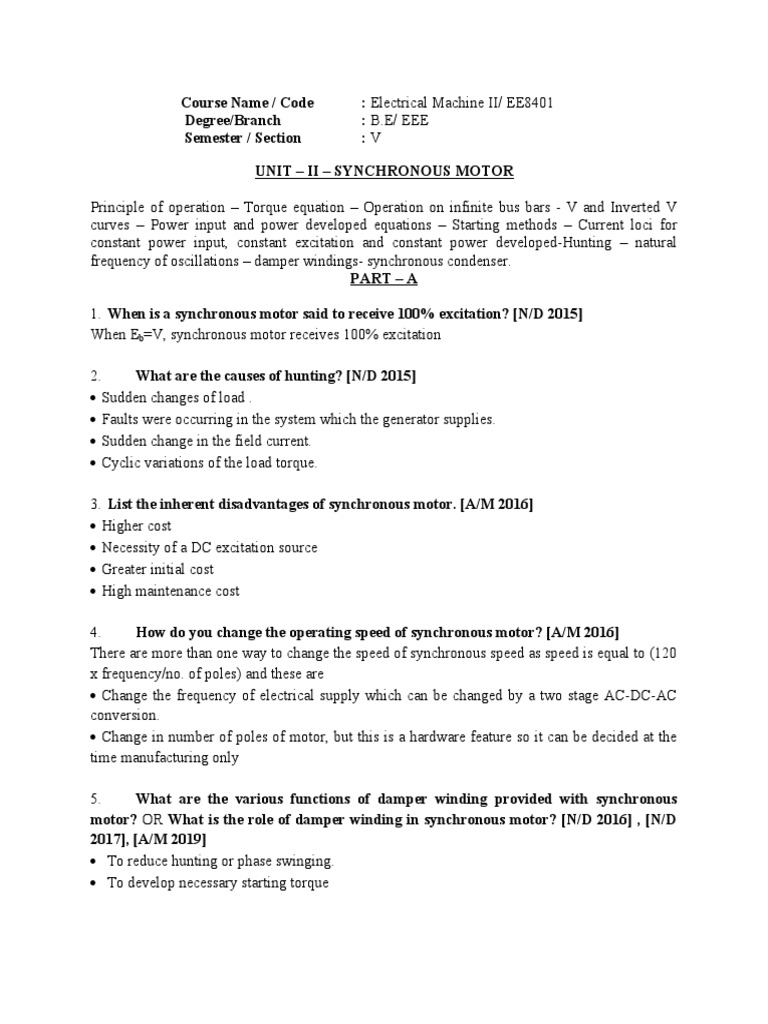 Ee8401 - em Ii - Question Bank - Unit2 | PDF | Electric Motor | Magnetism