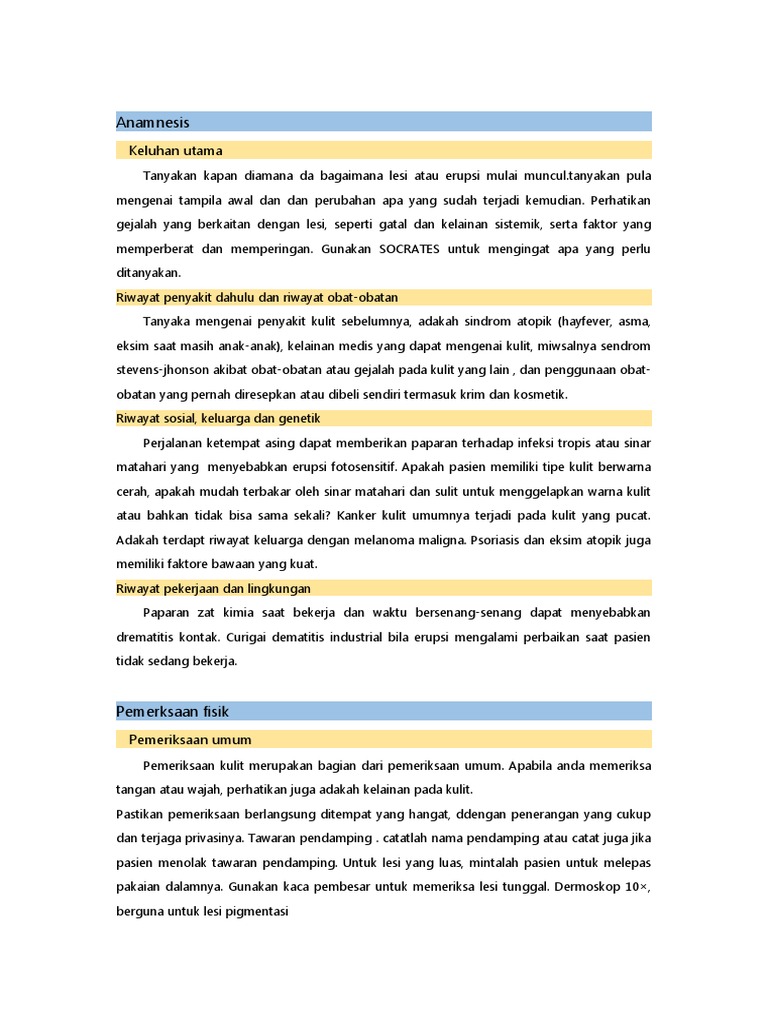 Panduan Anamnesis dan Pemeriksaan Kulit | PDF
