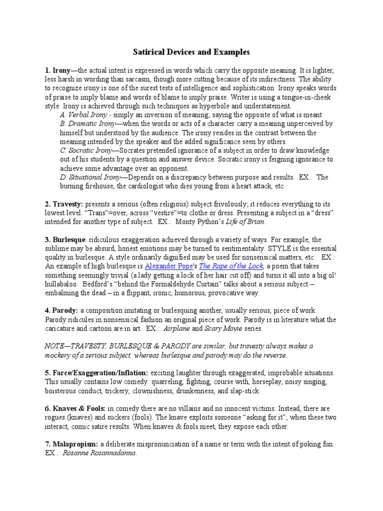 List of Satiric Devices EXS | PDF | Irony | Parody