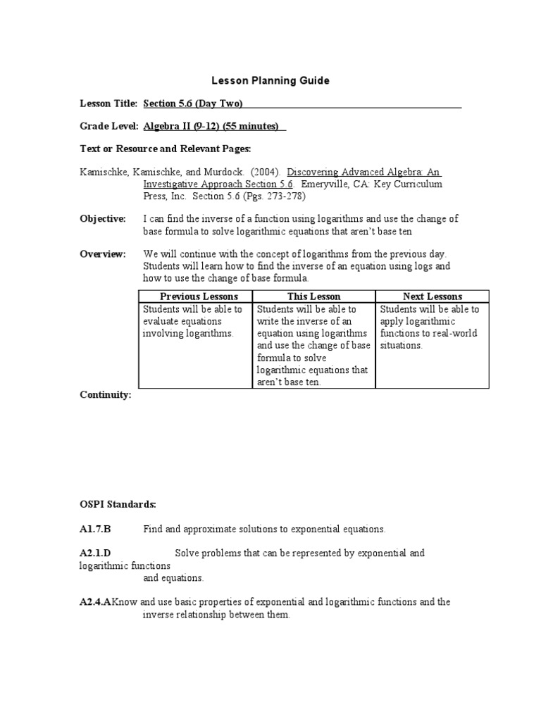 Logarithmic Functions Lesson Plan | PDF | Logarithm | Homework