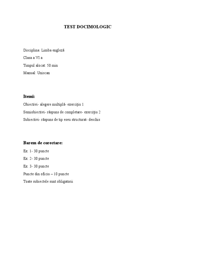 Test Docimologic Engl. Clasa A VI A | PDF