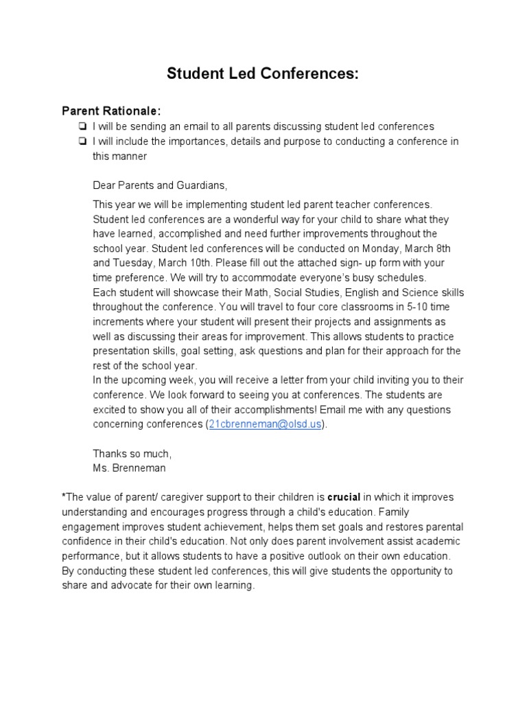 Student Led Conferences Plan | PDF | Worksheet | Teachers