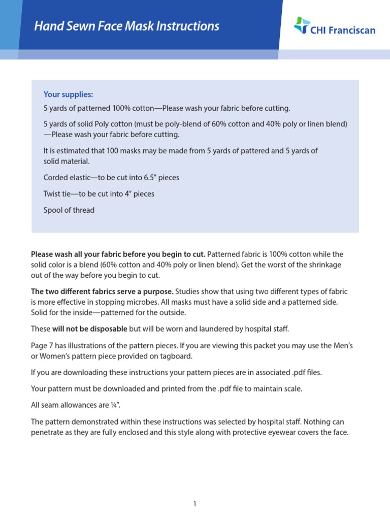 Hand Sewn Face Mask Instructions From CHI Franciscan | PDF | Seam ...