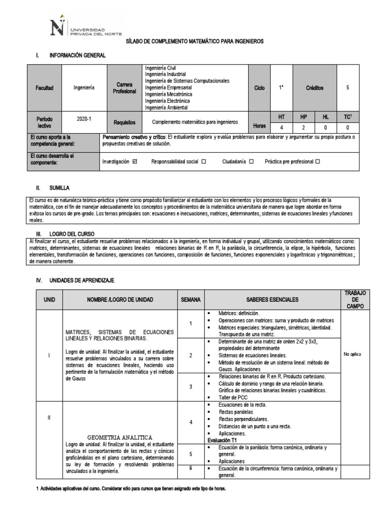 Sílabo de Complemento Matemático UPN | PDF | Matriz (Matemáticas) | Ingeniería