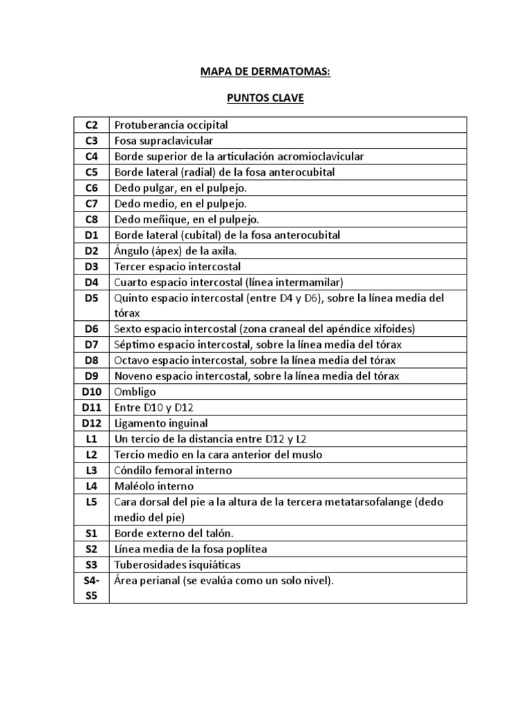 MAPA DE DERMATOMAS - Puntos Clave | PDF