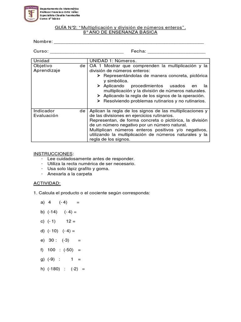 2.2-Guia-Multiplicacion y Division de Numeros Enteros PDF | PDF ...