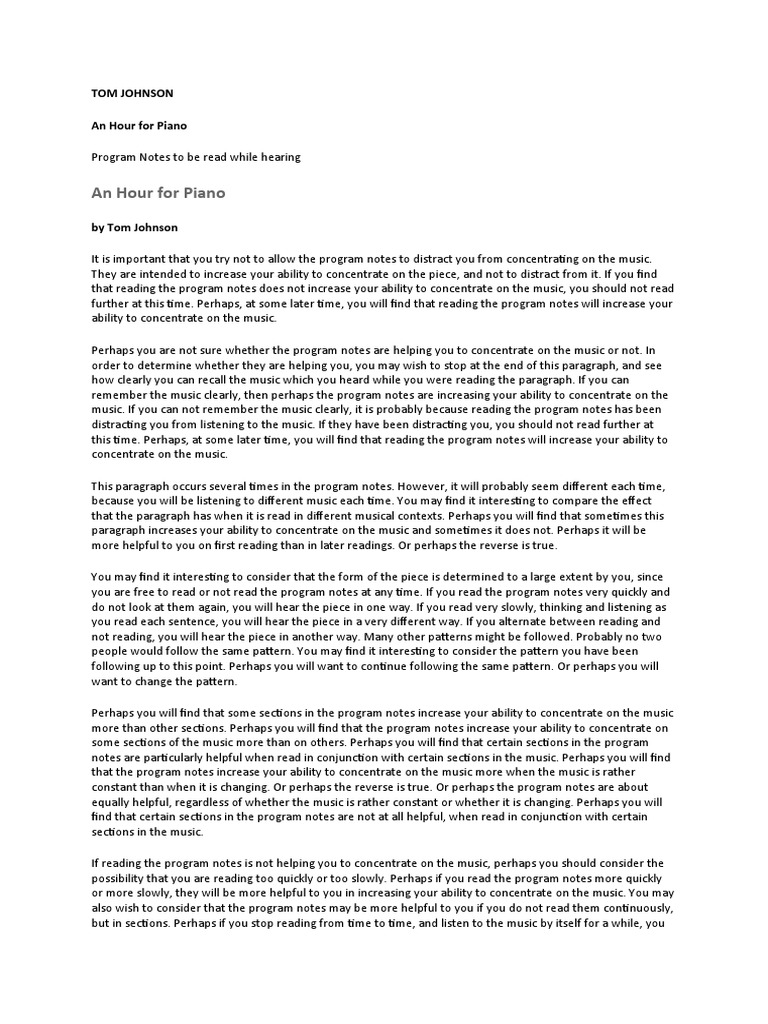 TOM JOHNSON An Hour For Piano | PDF | Mental Processes | Neuroscience