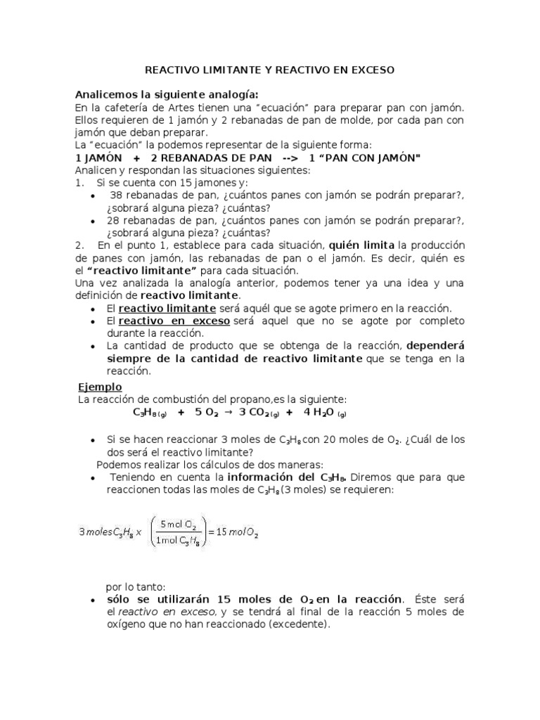 Reactivo Limitante y Reactivo en Exceso | PDF | Panes | Química