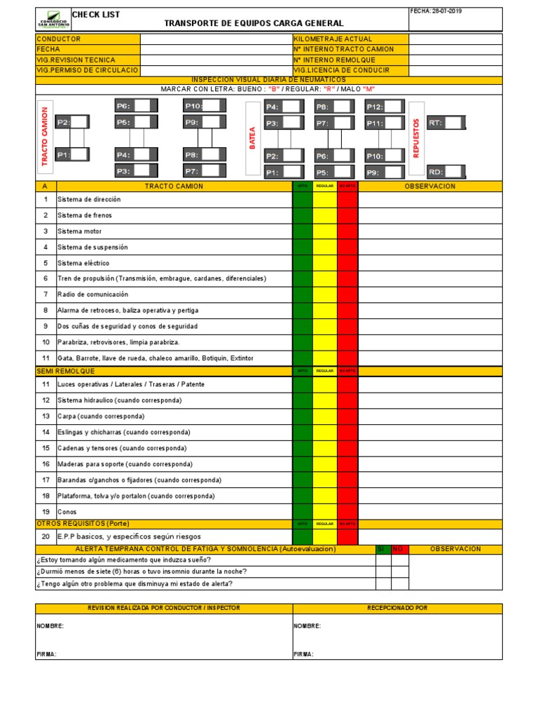 Check List Camion Batea Ctsa 2019 | PDF | Camión | Vehículos