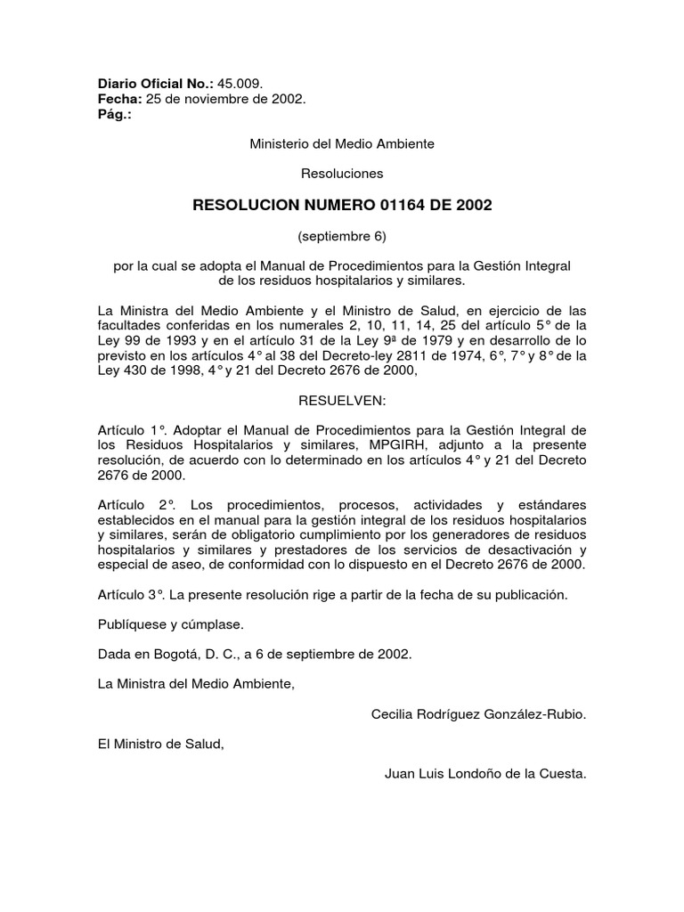 RESOLUCION 1164 de 2002 PDF | PDF | Gestión de residuos | Residuos