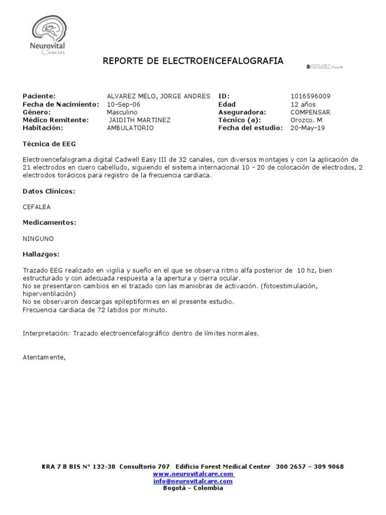 Informe de Electroencefalograma Normal | PDF | Electroencefalografía ...