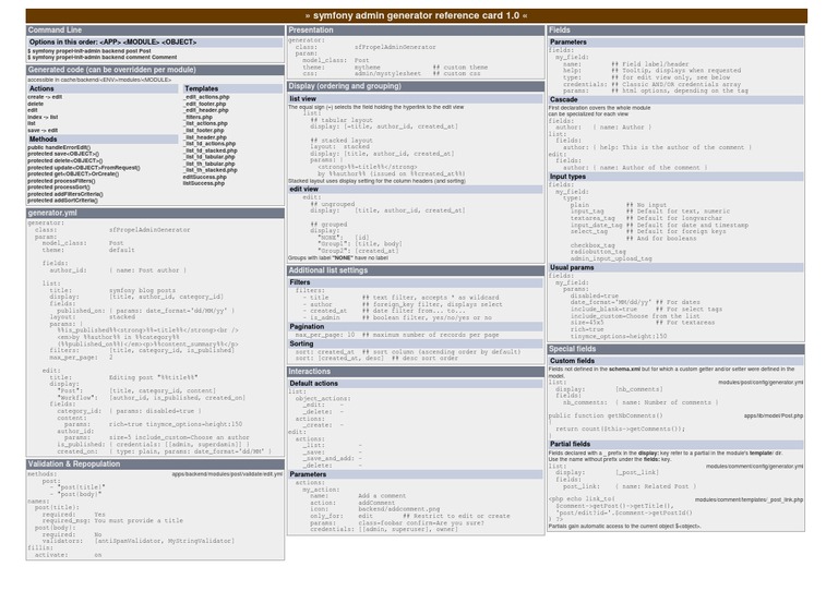 Symfony Admin Generator Reference Card Pdf Software Development