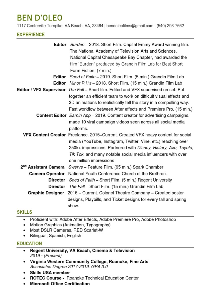 Ben Doleo Editing VFX Resume 2020 | PDF | Mass Media | Media Technology